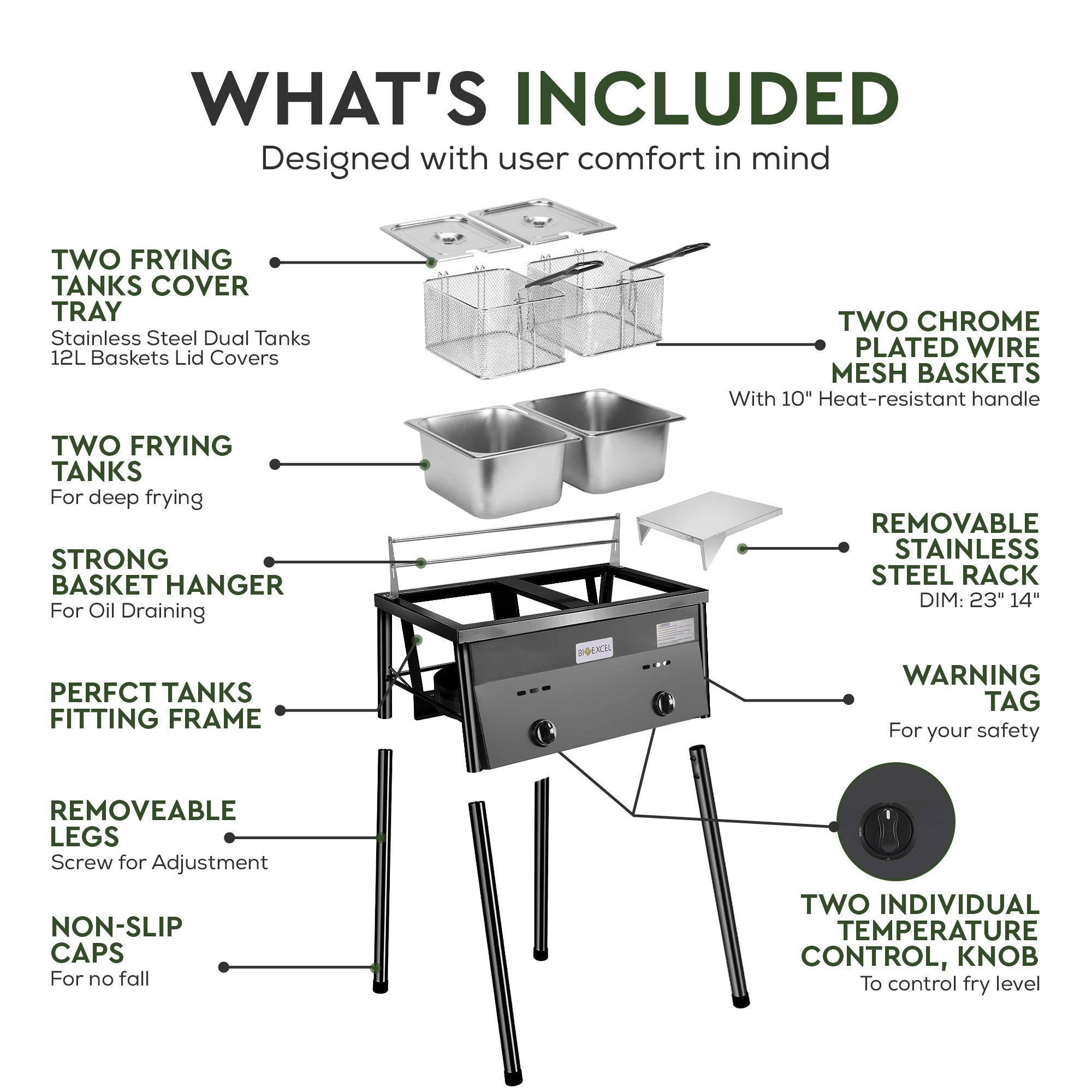 Bioexcel Cast Iron Deep Fryer with 2 Stainless Baskets and Steel Oil T